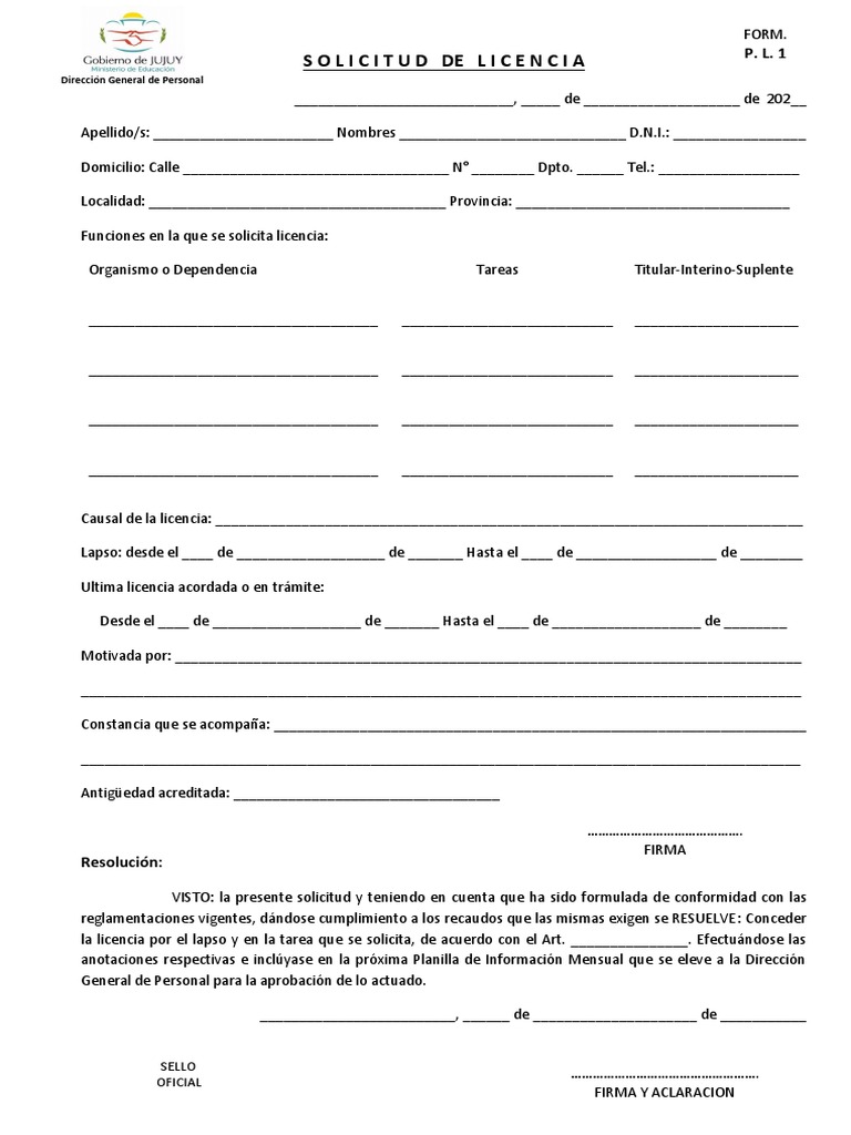 Formulario PL1 Solicitud de Licencia | PDF