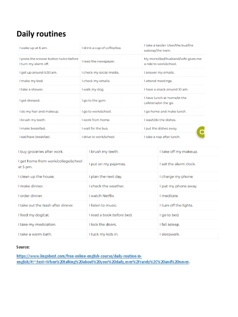 Daily Routines (Examples) | PDF