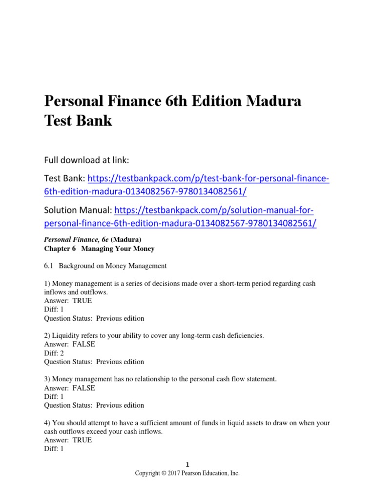 Personal Finance 6th Edition Madura Test Bank Download | PDF