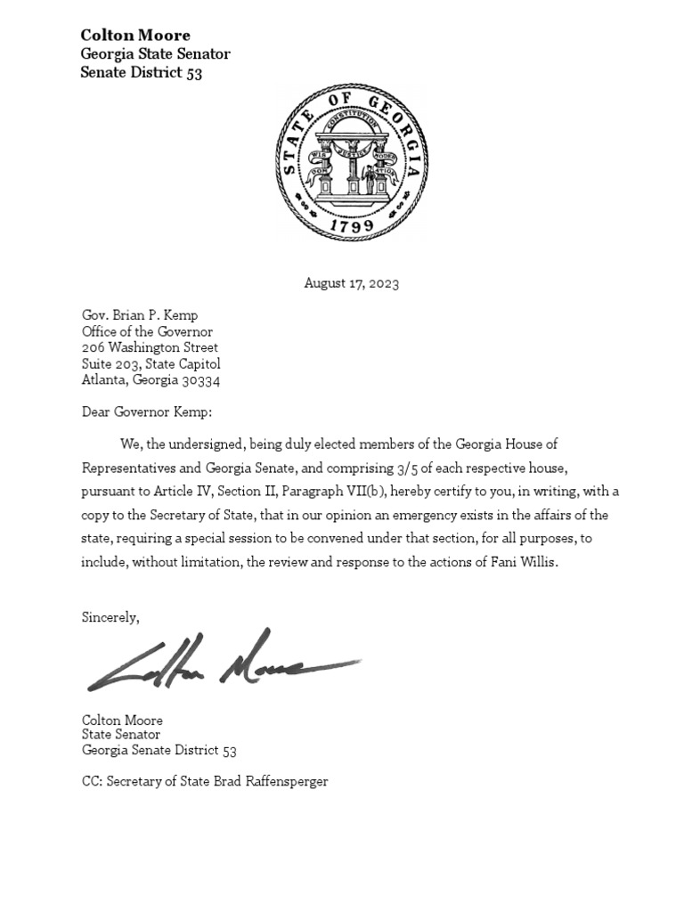 Colton Moore - Fani Willis Emergency Session Letter | PDF