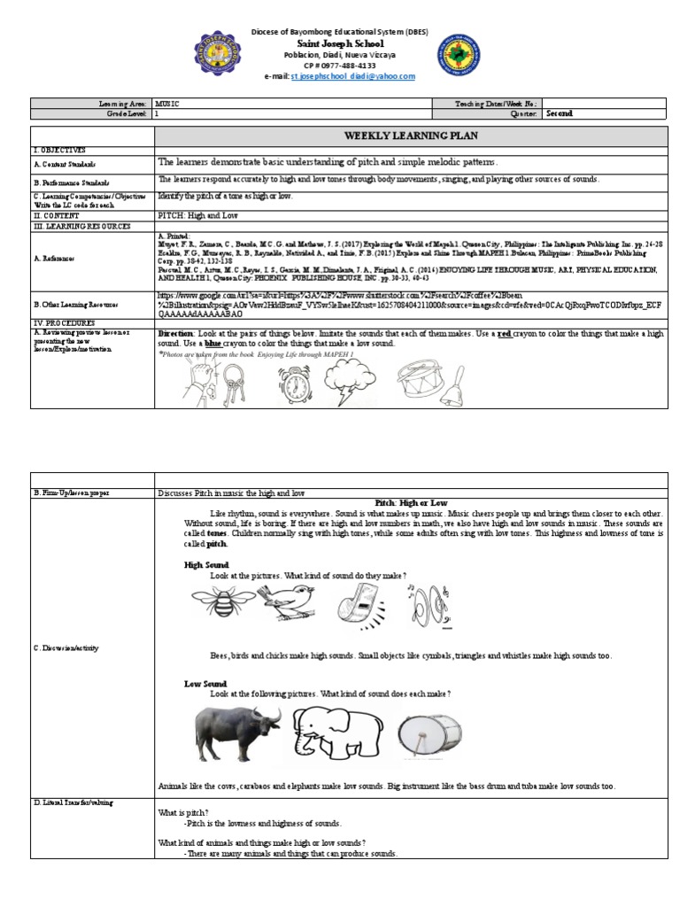 Weekly Lesson Plan Q2 Mapeh 1 | PDF