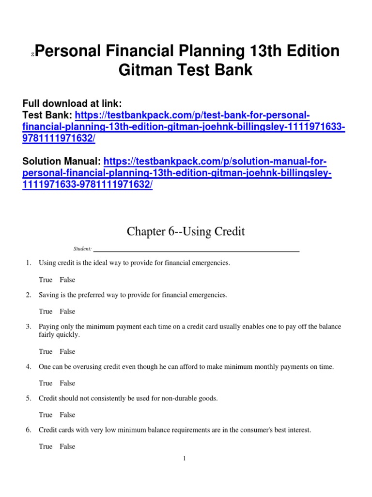 Personal Financial Planning 13th Edition Gitman Test Bank Download | PDF