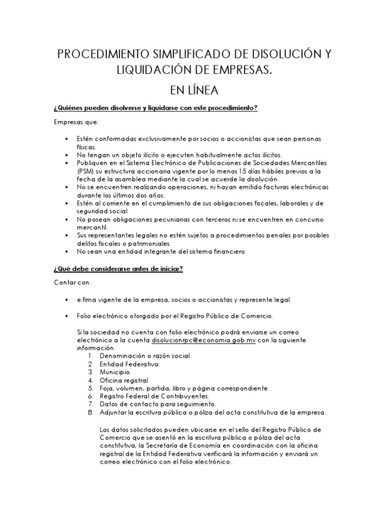 Procedimiento Simplificado de Disolución y Liquidación de Empresas | PDF