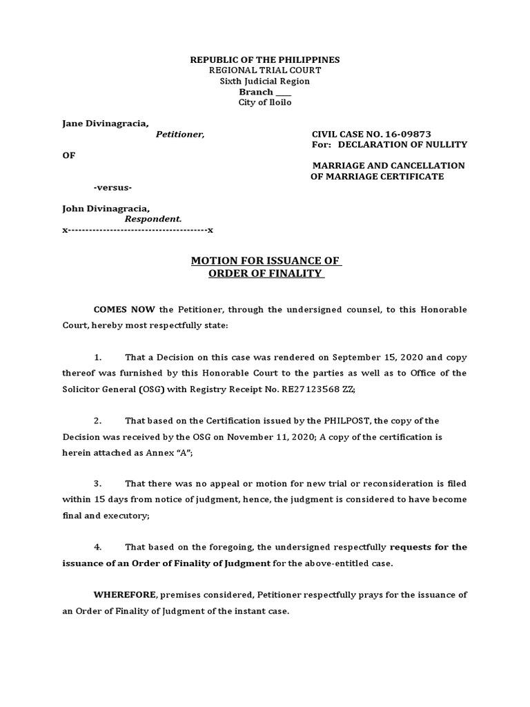 Motion For Issuance of Order of Finality - Sample | PDF