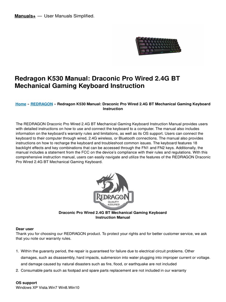 Draconic Pro Wired 2 4g BT Mechanical Gaming Keyboard Manual | PDF