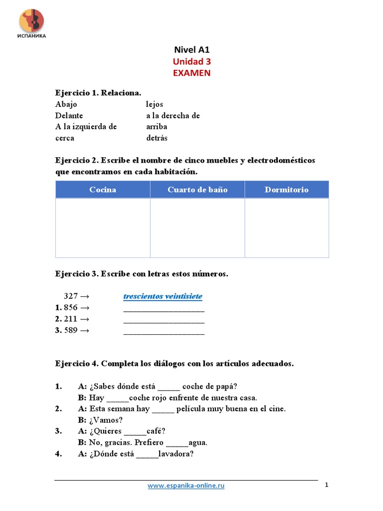 Examen de Español A1: Unidad 3 | PDF