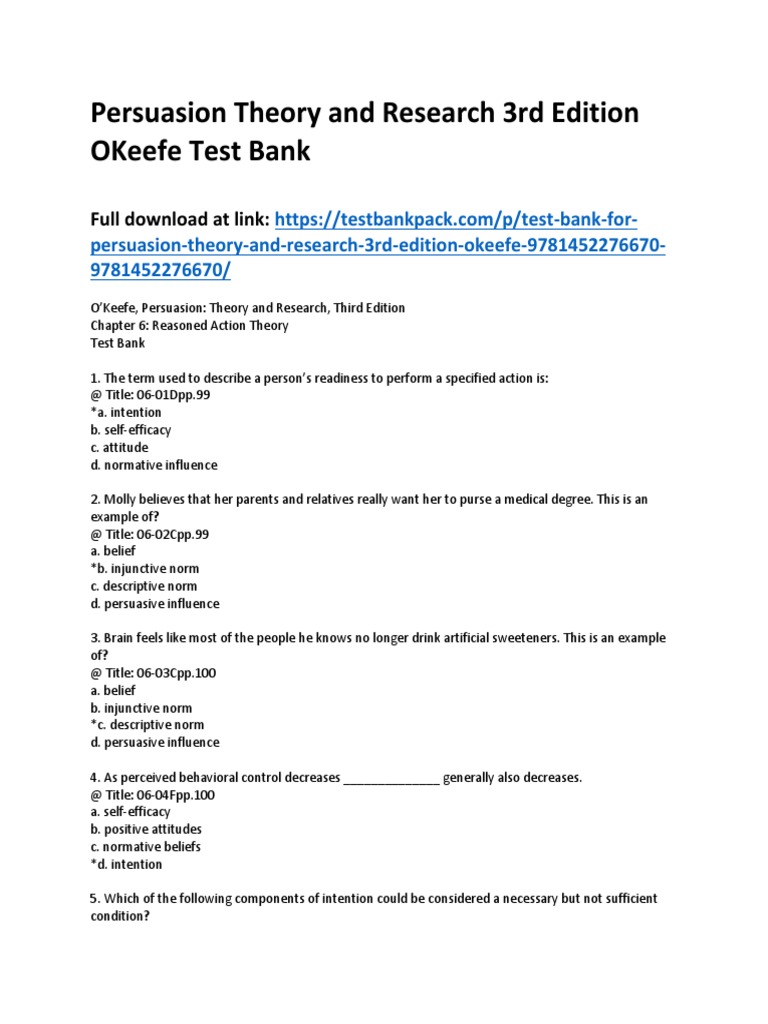 Persuasion Theory and Research 3rd Edition OKeefe Test Bank Download | PDF