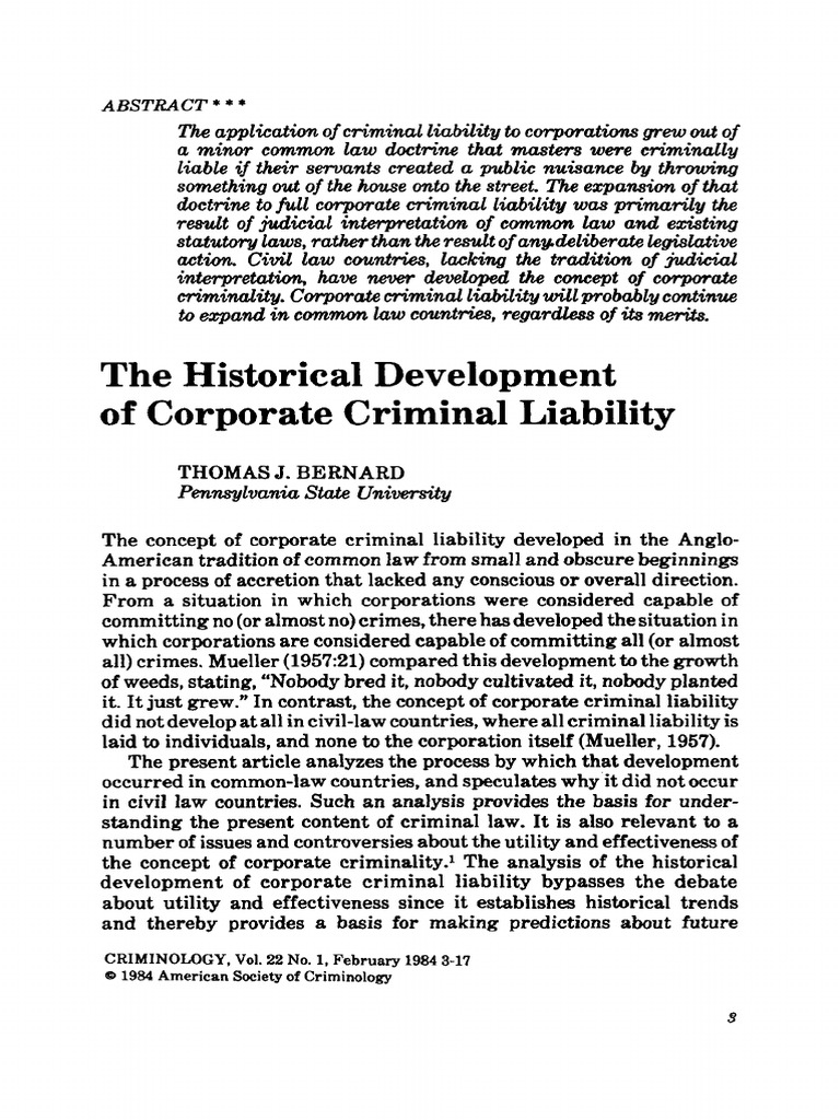 Historic Development of Corporate Criminal Liability | PDF