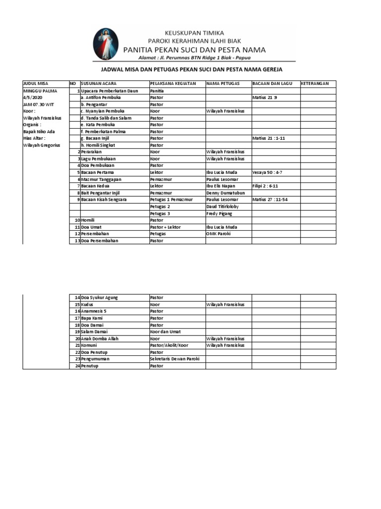 Jadwal Misa Pekan Suci Dan Pesta Nama | PDF