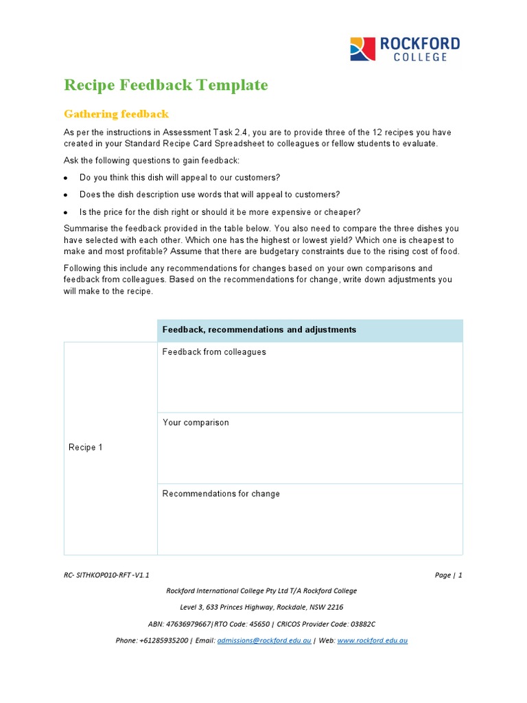 SITHKOP010 Recipe Feedback Template | PDF
