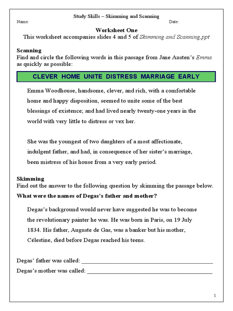 Skimming and Scanning Worksheets | PDF