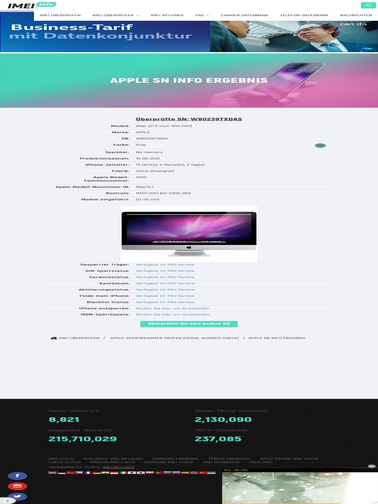 Apple SN Info Ergebnis - IMEI - Info | PDF
