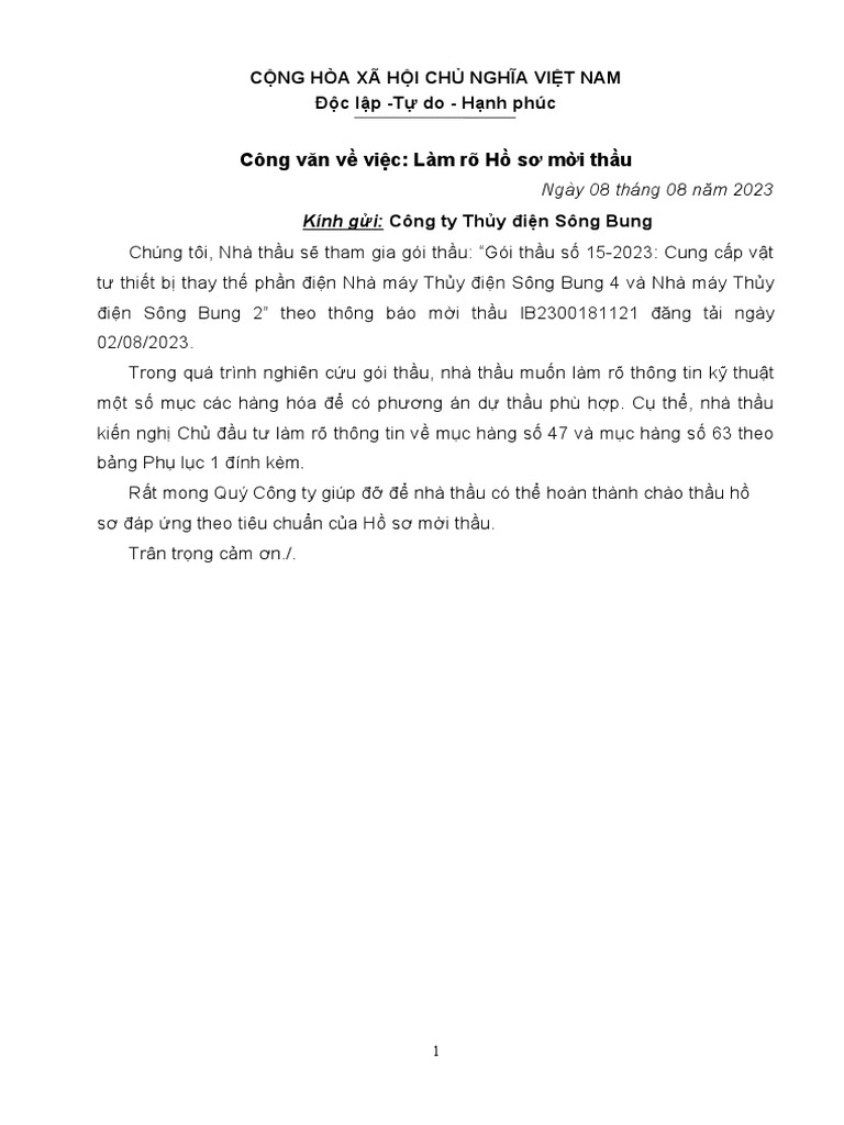 Công văn yêu cầu làm rõ E-HSMT | PDF