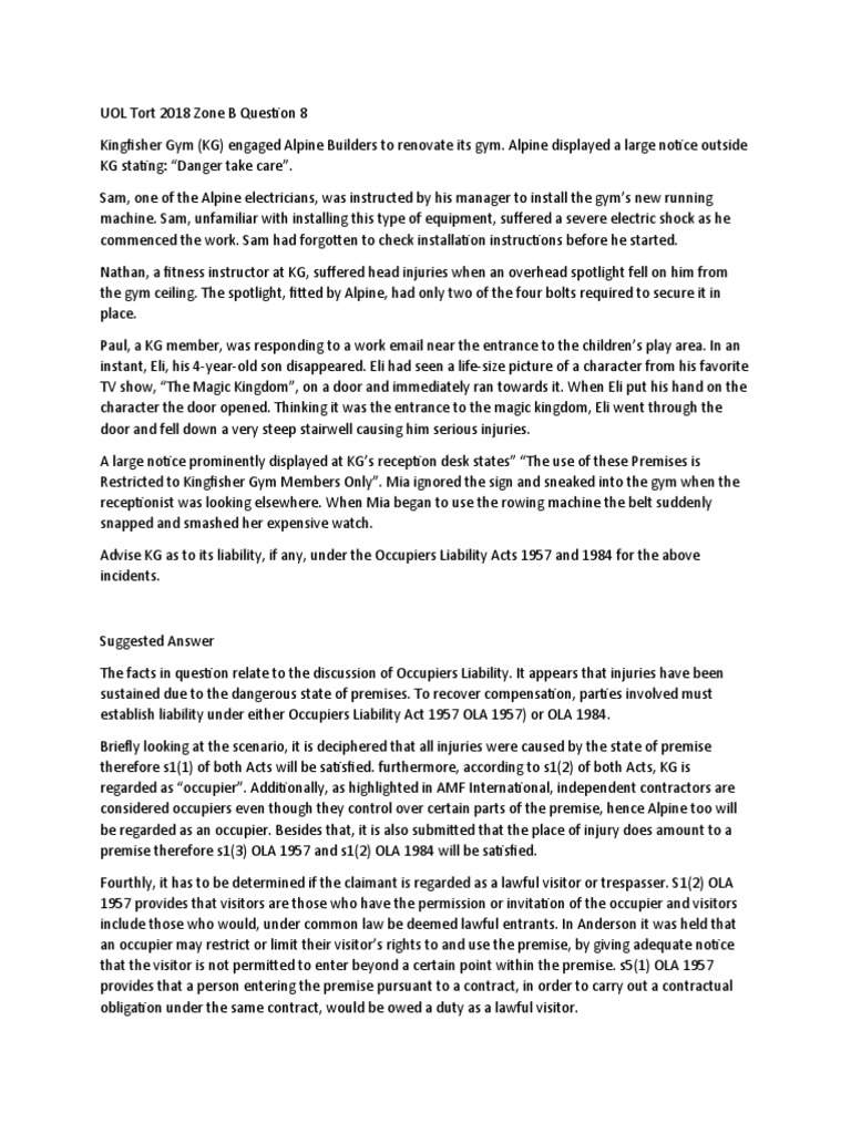 UOL Tort 2018 Zone B Question 8 (EXAM REVISION) | PDF UOL Tort 2018 Zone B Question 8 (EXAM REVISION) | PDF