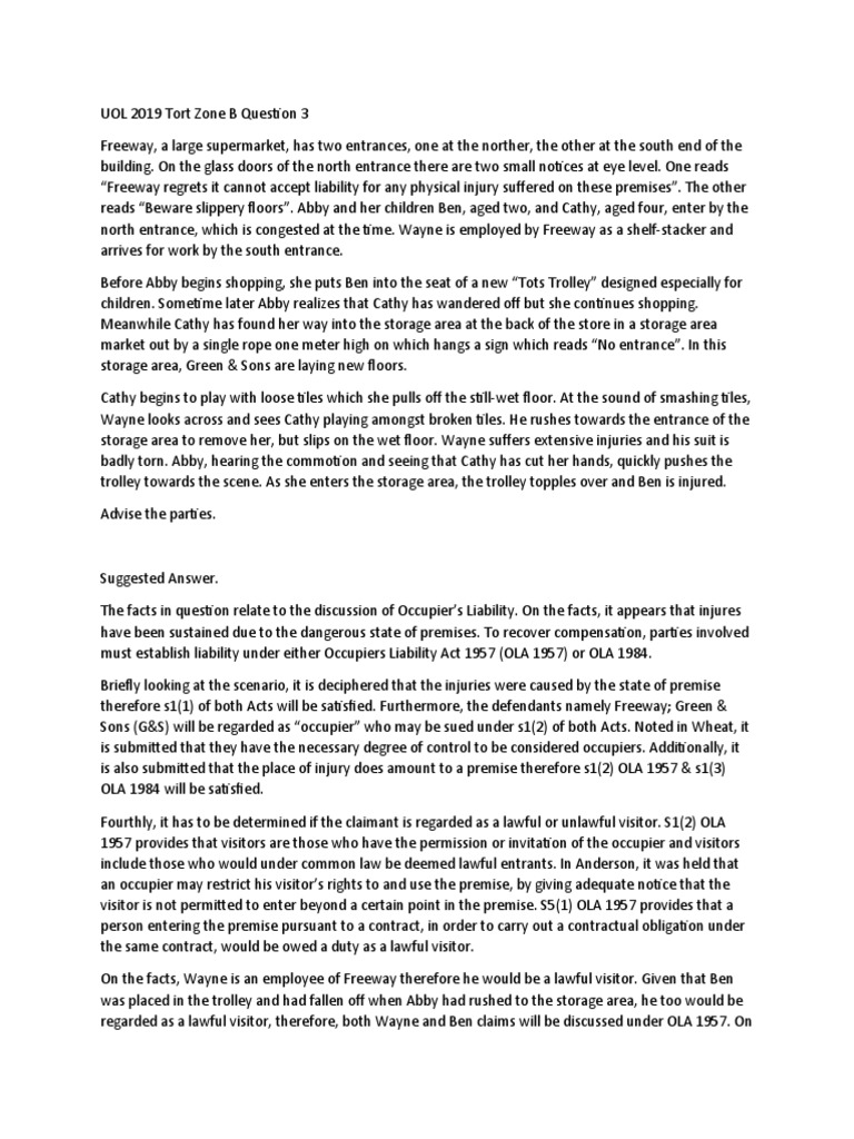 UOL Tort 2019 Zone B Question 3 (EXAM REVISION) | PDF | Law