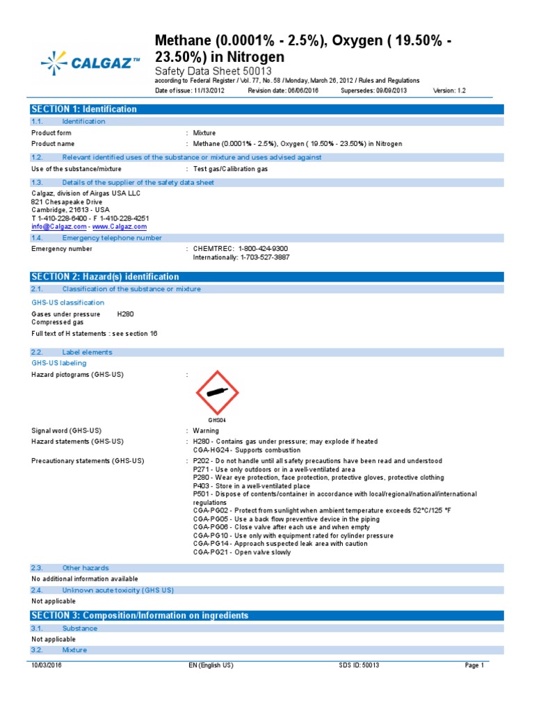 Methane (0.0001% - 2.5%), Oxygen (19.50% - 23.50%) in Nitrogen | PDF