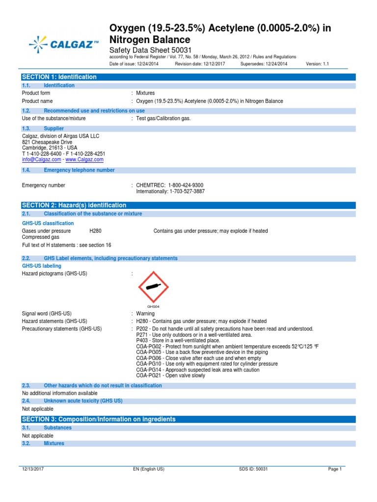 Calgaz Acetylene 50031 Sds | PDF