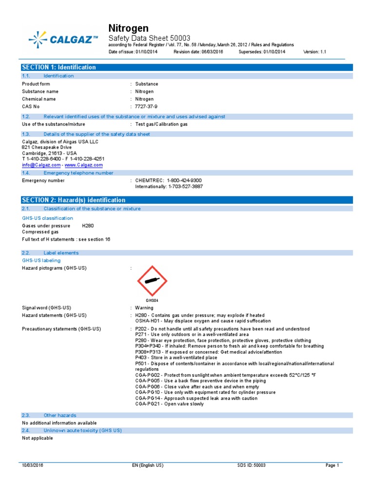 Nitrogen Safety Data Sheet Overview | PDF