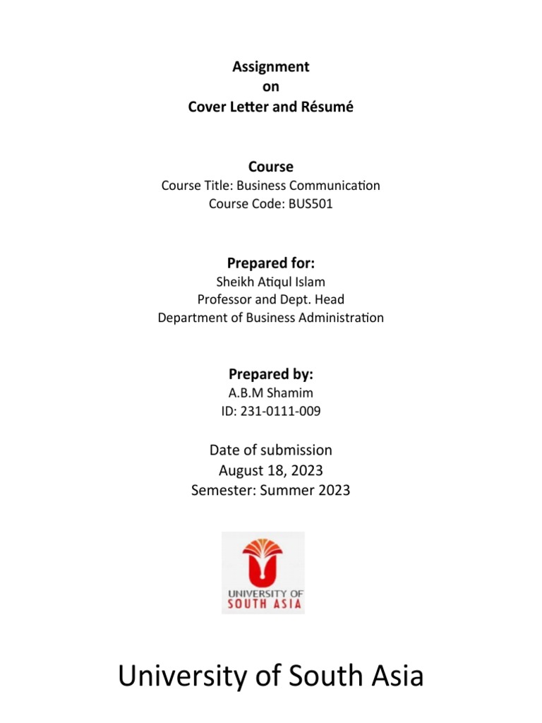University of South Asia: Assignment On Cover Letter and Résumé Course ...