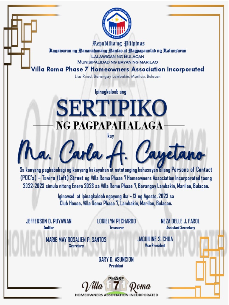 SAMPLE CERTIFICATE OF RECOGNITION FOR HOA OFFICERS | PDF