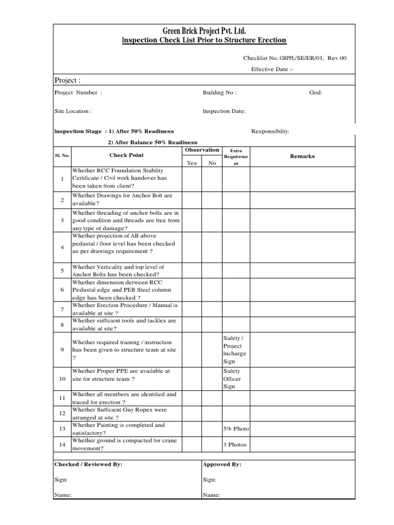 Structure Erection Inspection Checklist | PDF