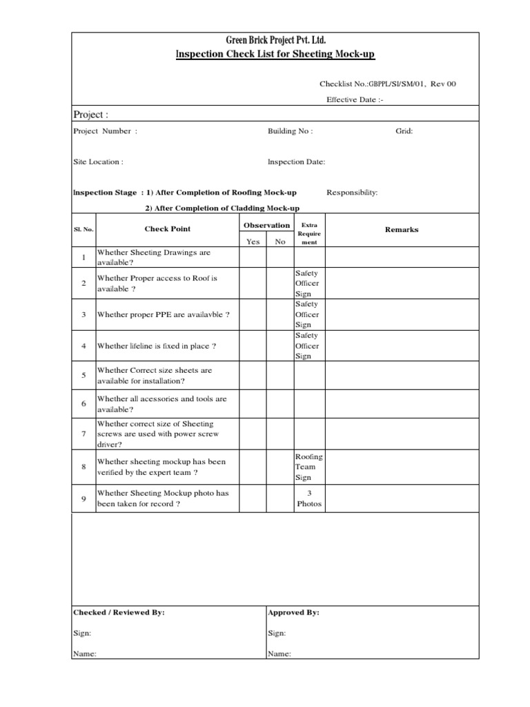 Checklist - Sheeting Mockup | PDF