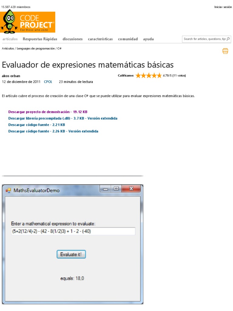 Evaluador de expresiones matemáticas básicas - CodeProject | PDF