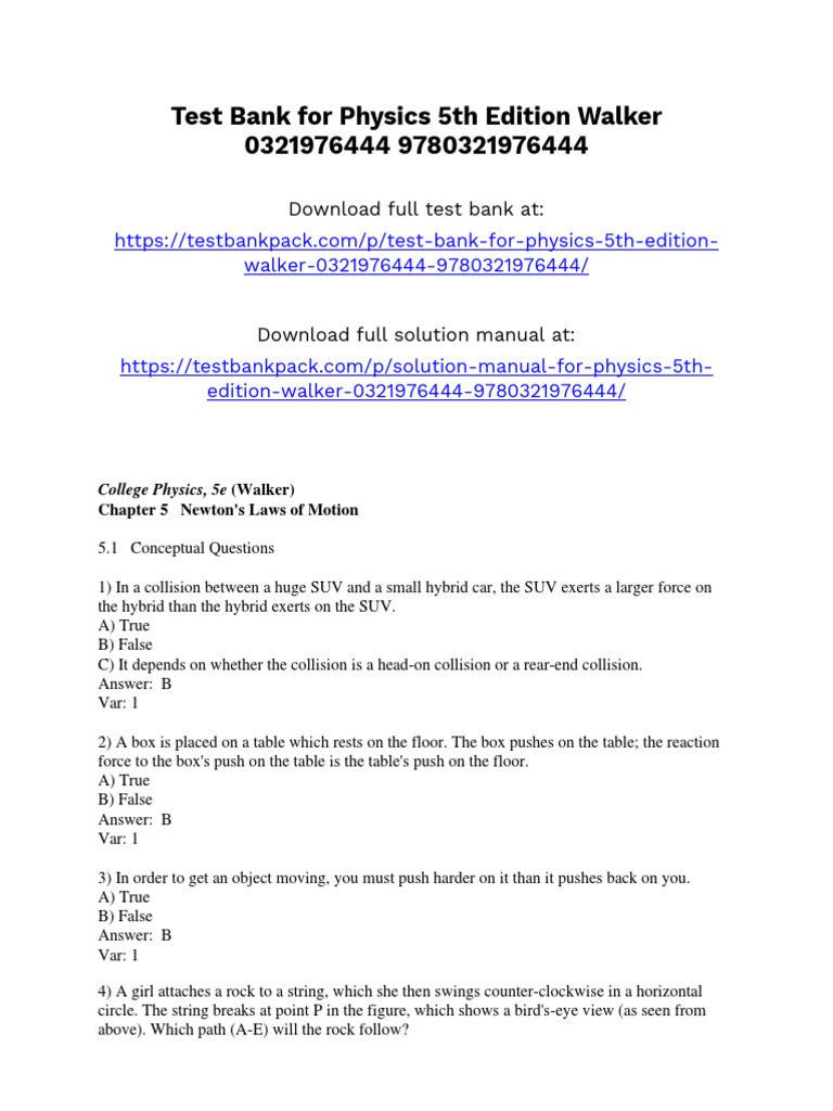 Physics 5th Edition Walker Test Bank Download | PDF