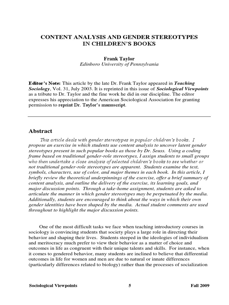 Content Analysis and Gender Stereotypes in Children's Books | PDF