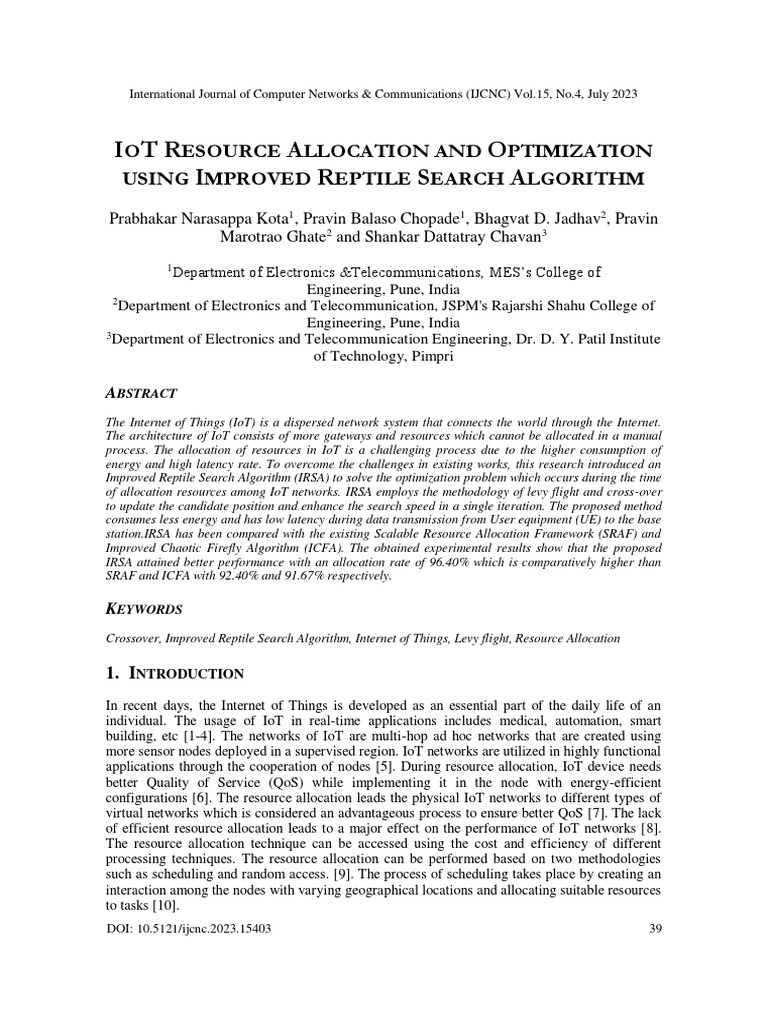 Iot Resource Allocation And Optimization Using Improved Reptile Search Algorithm Pdf