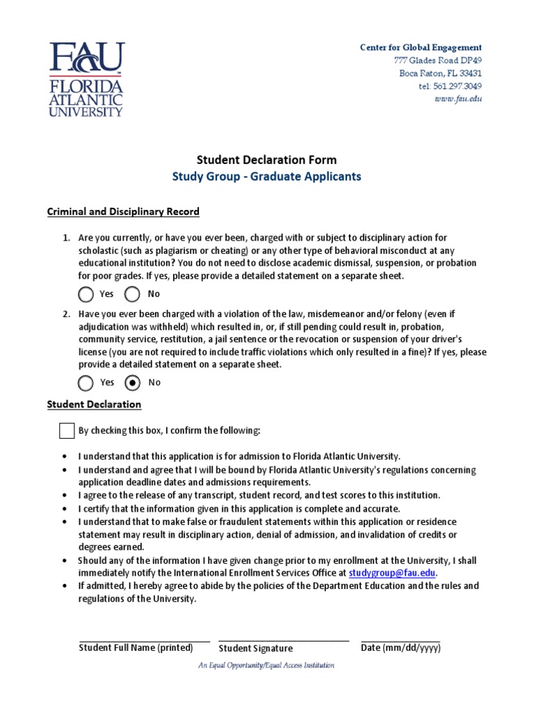 Study Group - Graduate Applicants: Student Declaration Form | PDF