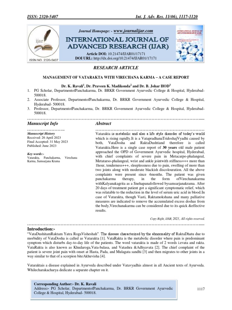 Management of Vatarakta With Virechana Karma - A Case Report | PDF