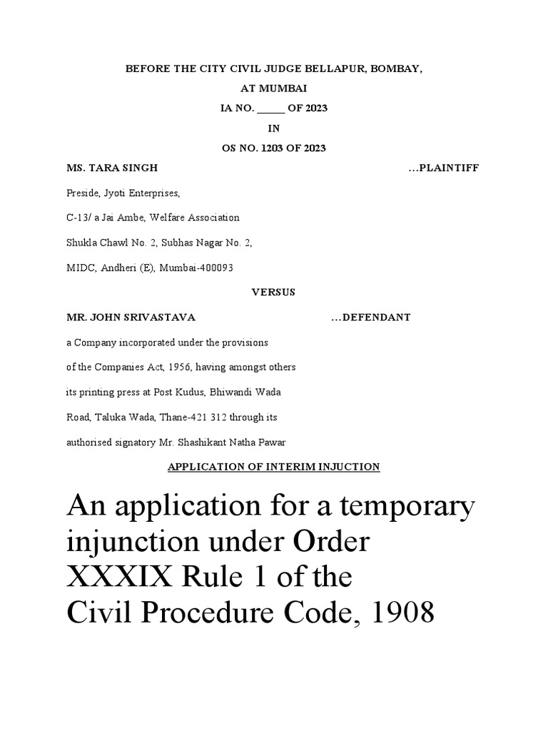 Interim Injunction Application in Bellapur | PDF