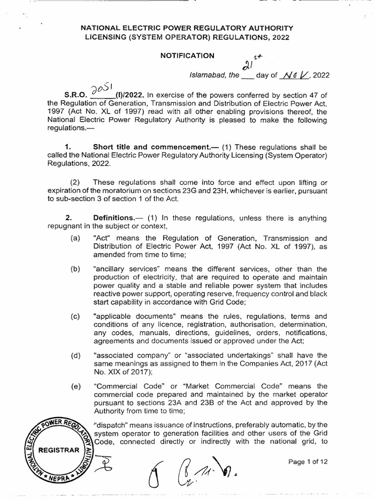 NEPRA Licensing (System Operator) Regulations, 2022 S.R.O 2051 (I ...