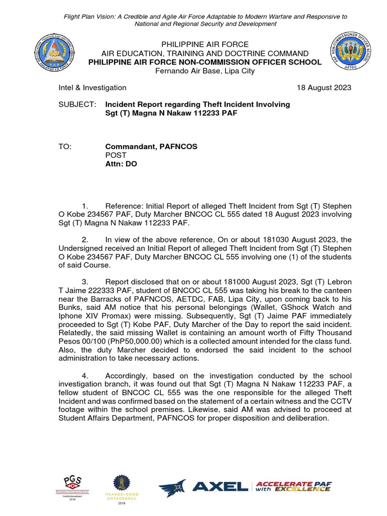 SGT (T) Mausig-Incident Report | PDF