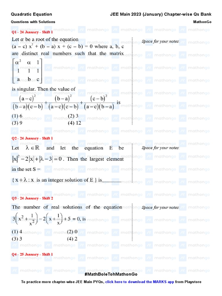 Quadratic Equation JEE Main 2023 January Chapter Wise Questions | PDF