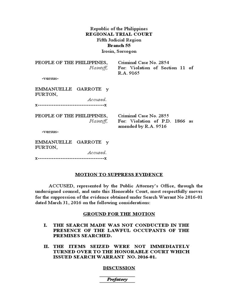 Motion to Suppress Evidence in Criminal Case | PDF
