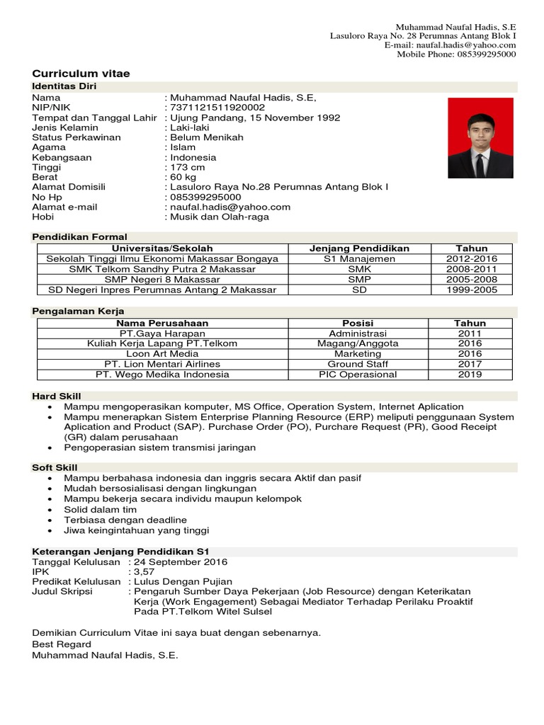 CV Dan Ijazah Muhammad Naufal Hadis November 2022 | PDF