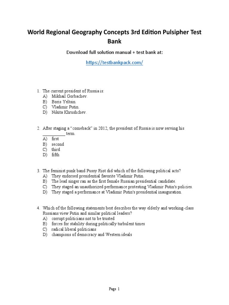 World Regional Geography Concepts 3rd Edition Pulsipher Test Bank 1 | PDF