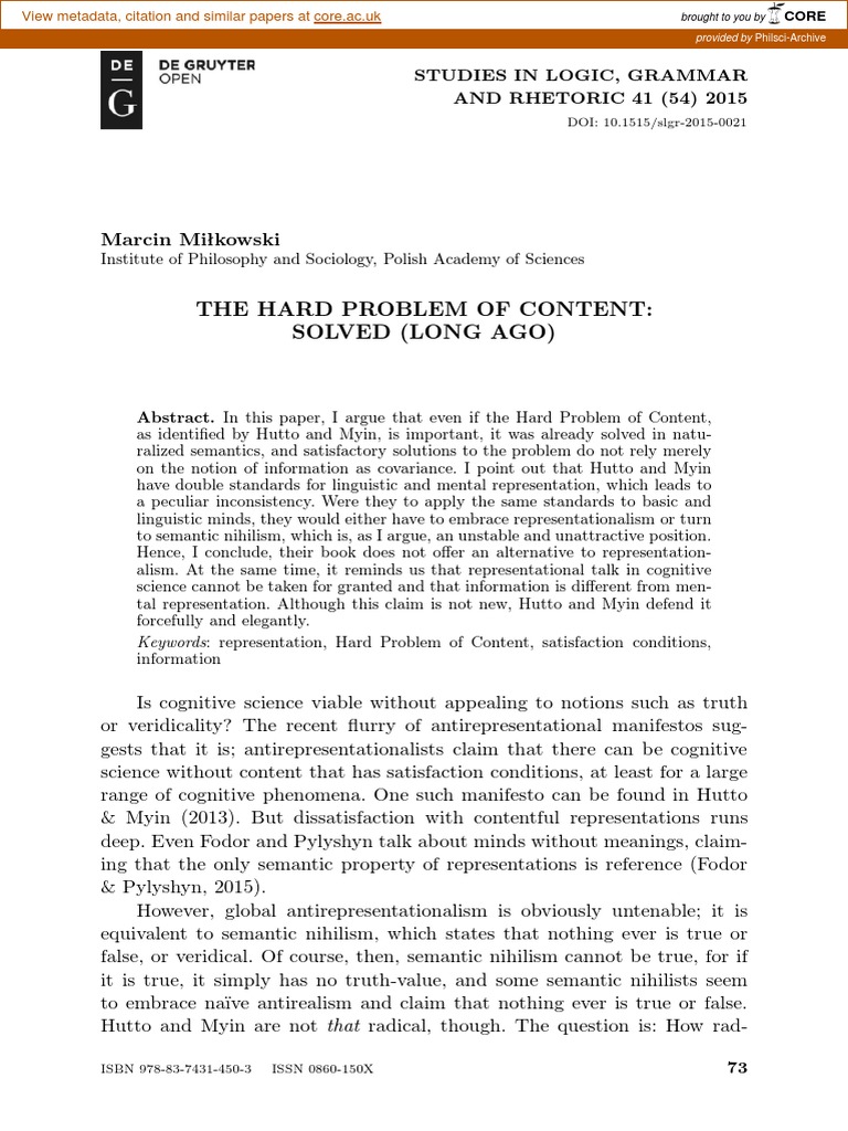 THE HARD PROBLEM OF CONTENT Solved (Long Ago) | PDF