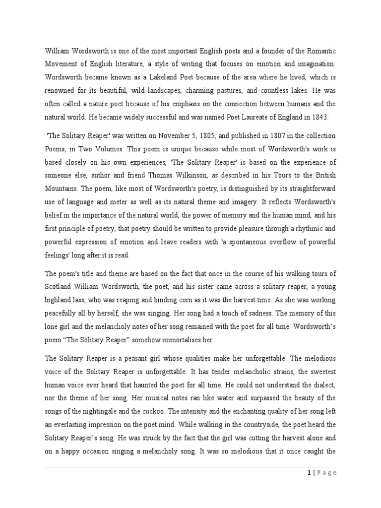 The Solitary Reaper Assignment | PDF