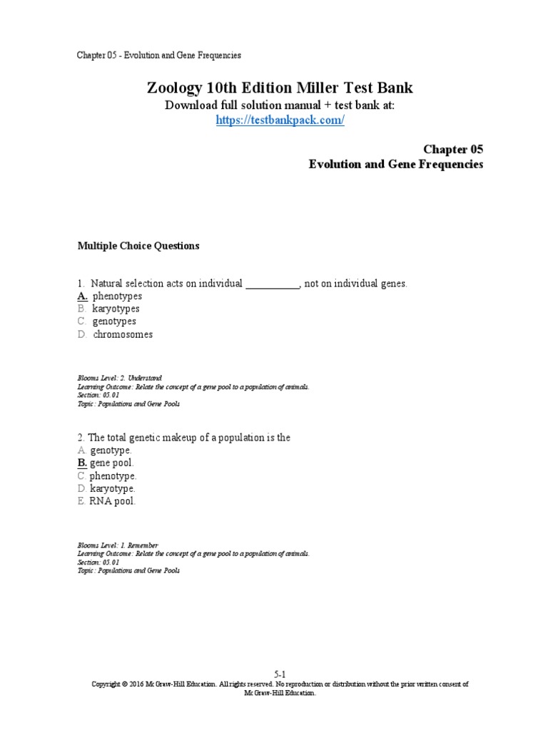 Zoology 10th Edition Miller Test Bank 1 | PDF