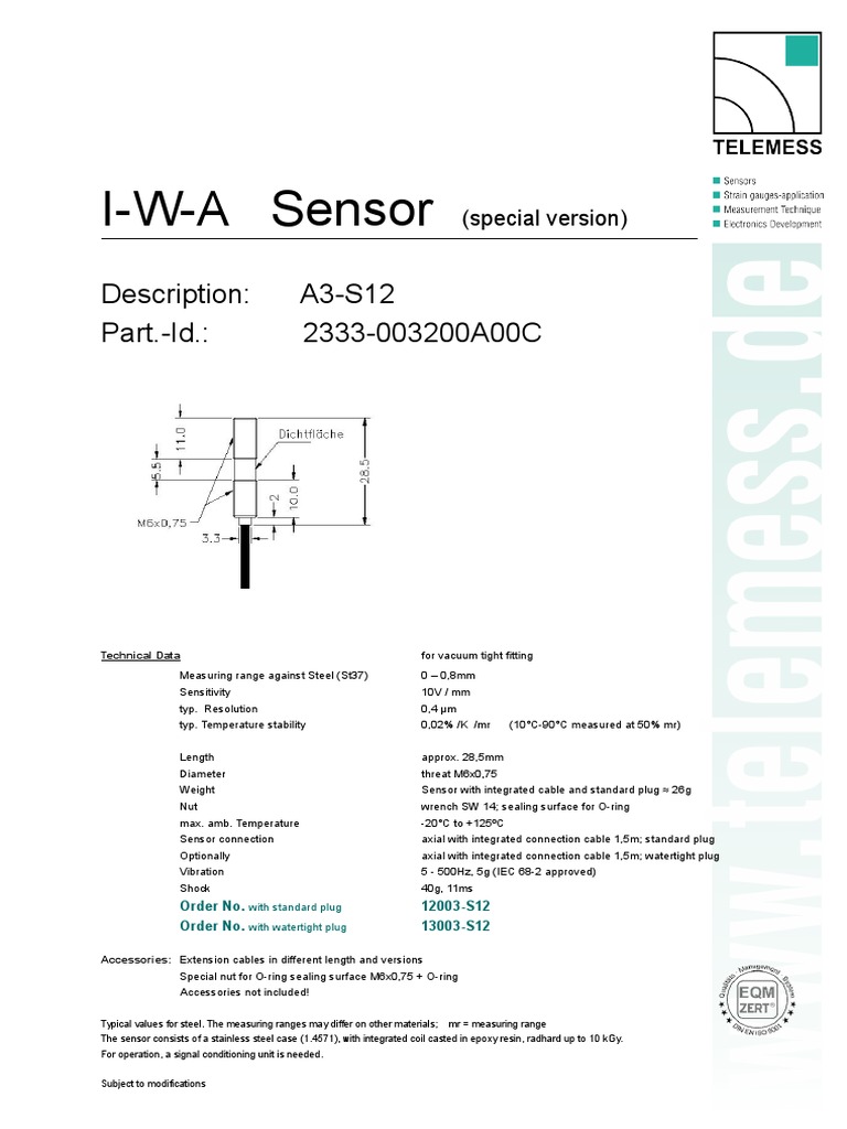 I-W-A Sensor: Description: A3-S12 Part.-Id.: 2333-003200A00C | PDF