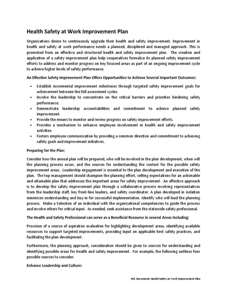 Health Safety at Work Improvement Plan | PDF