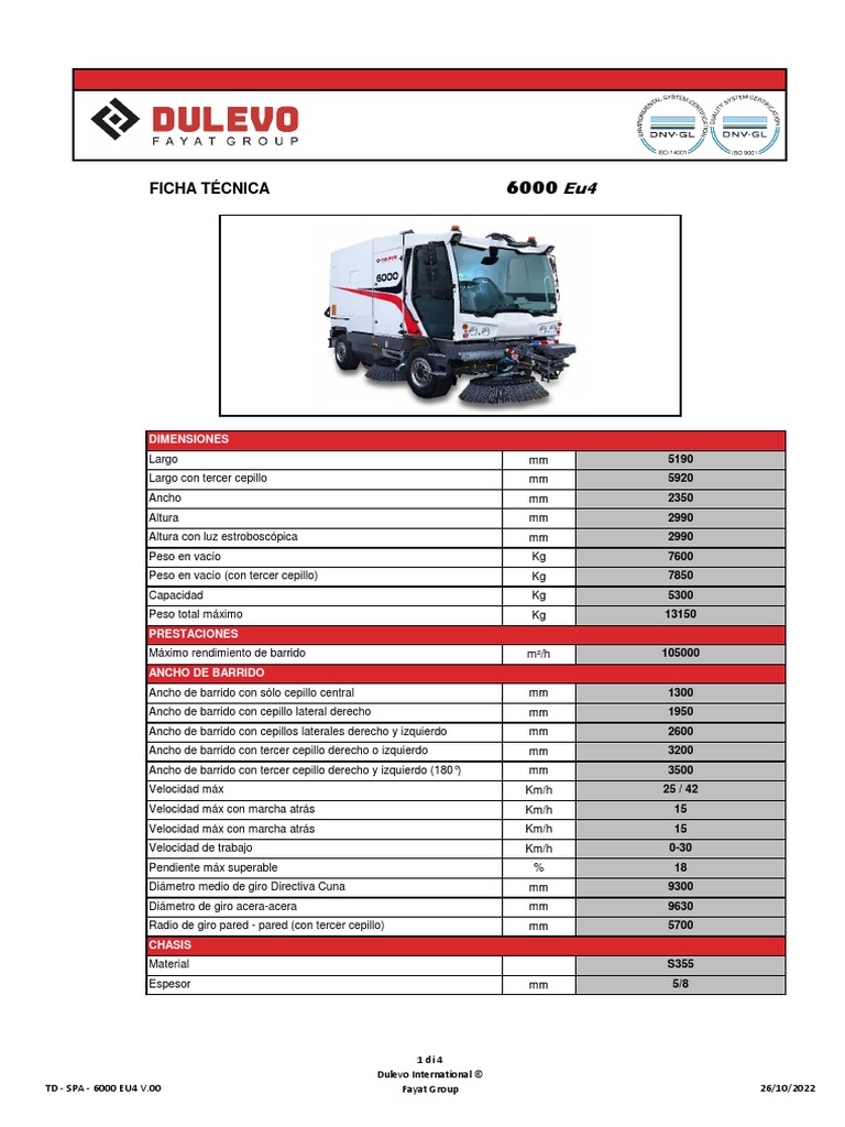 Ficha Tecnica Dulevo 6000 Eu4 (1) | PDF