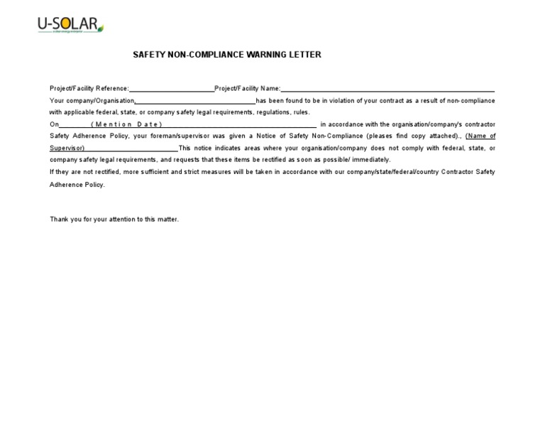 Non Compliance Letter Sample