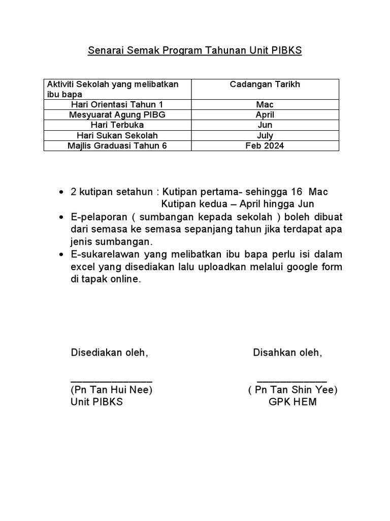 Senarai Semak Program Tahunan Unit PIBKS | PDF