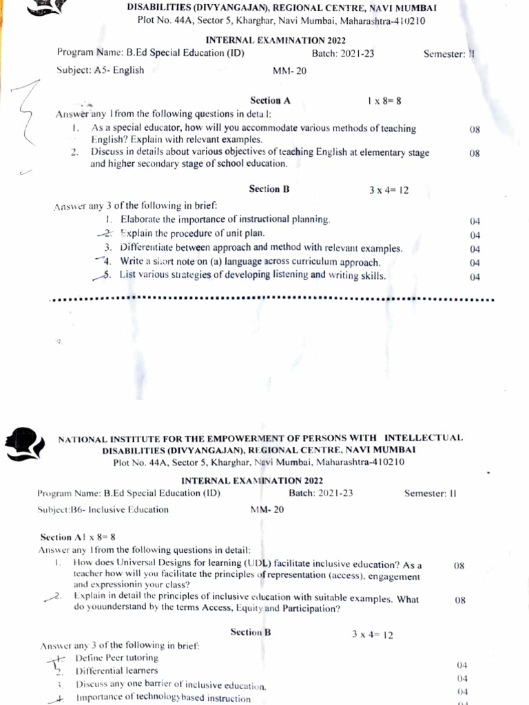B.ed Semester 2 Internal External Question Paper 2022 | PDF