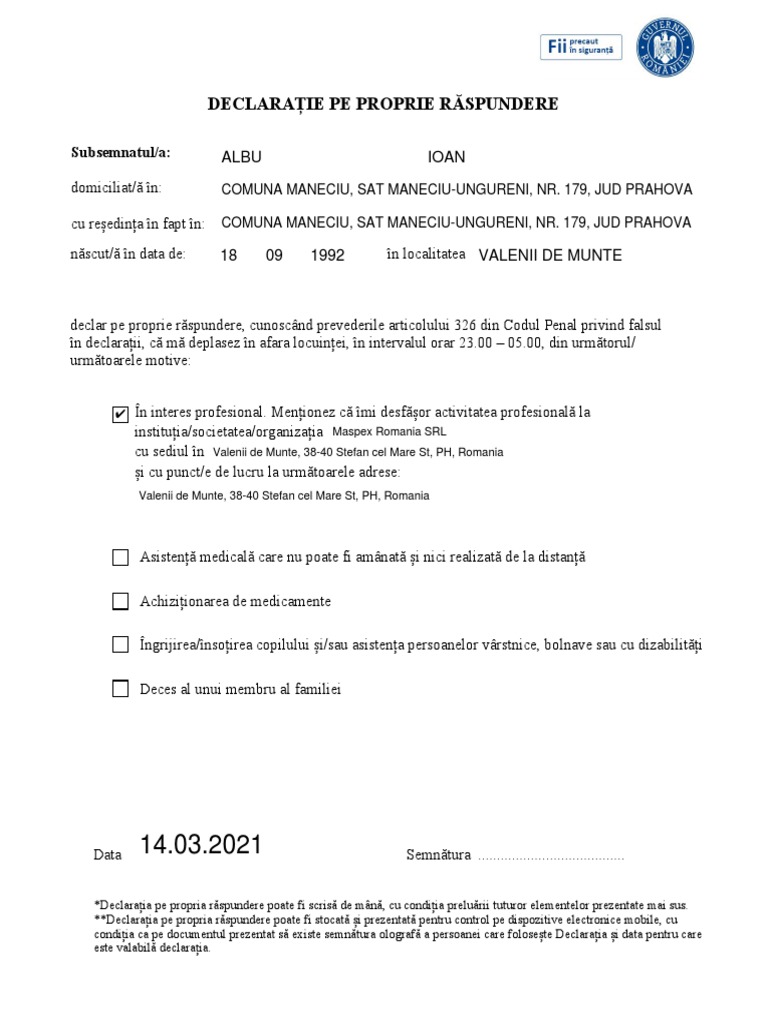 0611 - Model Declaratie Proprie Raspundere | PDF