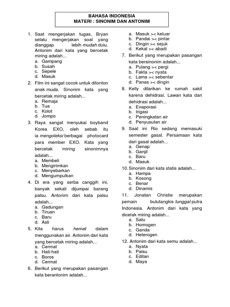 Kelas 5 Materi Antonim Sinonim | PDF